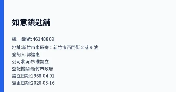 如意鎖匙舖的照片-統編 46148809(新竹市) 公司登記資料與營業項目詳細圖表
