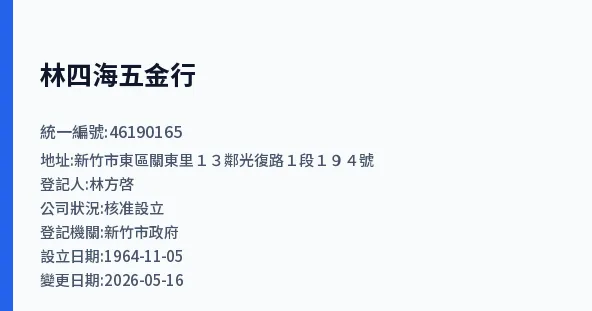 林四海五金行的照片-統編 46190165(新竹市) 公司登記資料與營業項目詳細圖表