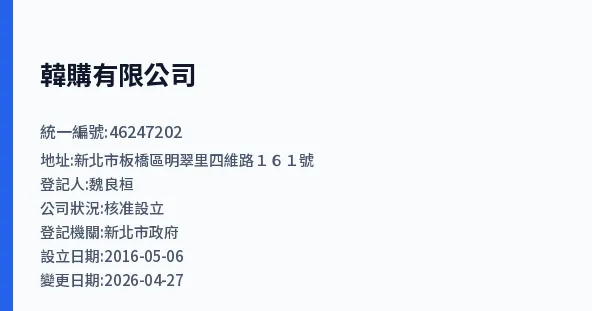 韓購有限公司的照片-統編 46247202(新北市) 公司登記資料與營業項目詳細圖表