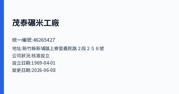 茂泰碾米工廠的照片-統編 46265427(新竹縣) 公司登記資料與營業項目詳細圖表