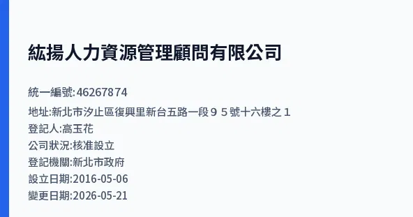 紘揚人力資源管理顧問有限公司的照片-統編 46267874(新北市) 公司登記資料與營業項目詳細圖表