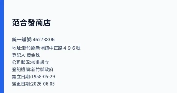 范合發商店的照片-統編 46273806(新竹縣) 公司登記資料與營業項目詳細圖表