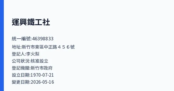 運興鐵工社的照片-統編 46398833(新竹市) 公司登記資料與營業項目詳細圖表