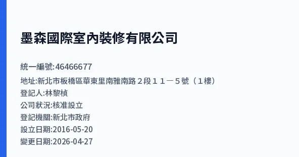 墨森國際室內裝修有限公司的照片-統編 46466677(新北市) 公司登記資料與營業項目詳細圖表