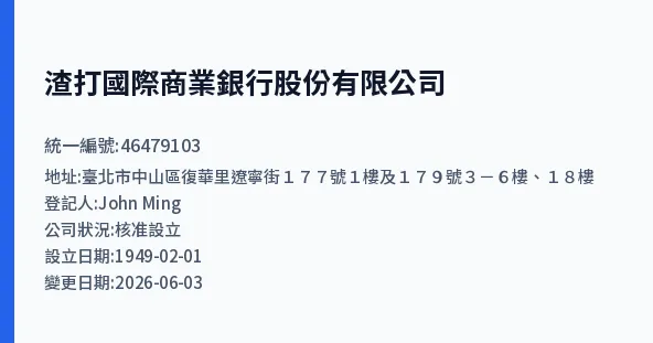 渣打國際商業銀行股份有限公司的照片-統編 46479103(臺北市) 公司登記資料與營業項目詳細圖表