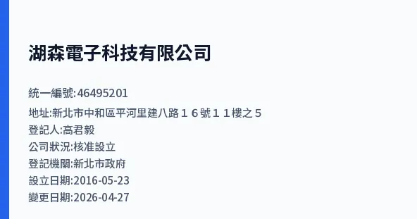 湖森電子科技有限公司的照片-統編 46495201(新北市) 公司登記資料與營業項目詳細圖表