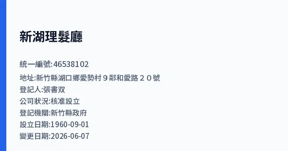 新湖理髮廳的照片-統編 46538102(新竹縣) 公司登記資料與營業項目詳細圖表
