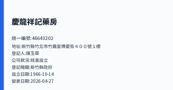 慶龍祥記藥房的照片-統編 46643202(新竹縣) 公司登記資料與營業項目詳細圖表