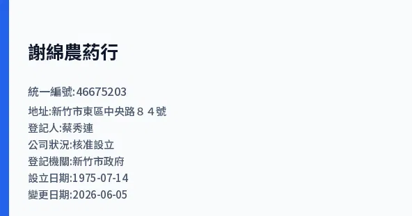 謝綿農葯行的照片-統編 46675203(新竹市) 公司登記資料與營業項目詳細圖表
