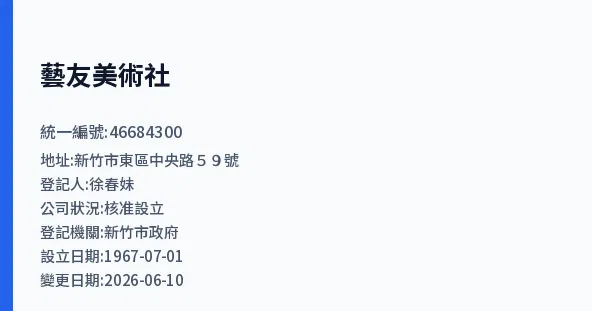 藝友美術社的照片-統編 46684300(新竹市) 公司登記資料與營業項目詳細圖表
