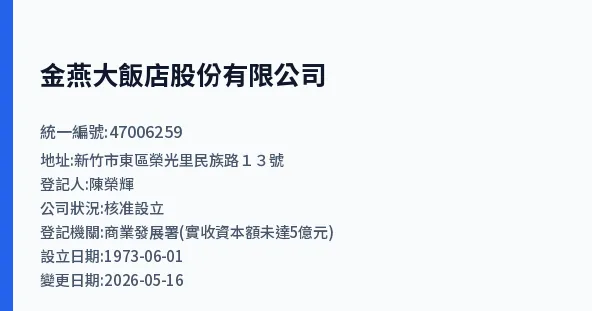 金燕大飯店股份有限公司的照片-統編 47006259(新竹市) 公司登記資料與營業項目詳細圖表