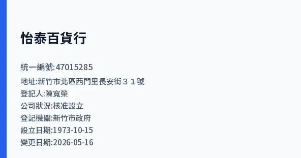 怡泰百貨行的照片-統編 47015285(新竹市) 公司登記資料與營業項目詳細圖表