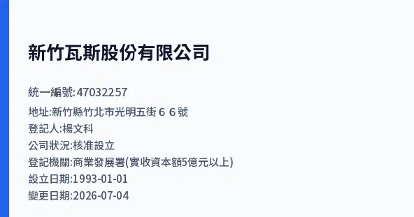 新竹瓦斯股份有限公司的照片-統編 47032257(新竹縣) 公司登記資料與營業項目詳細圖表
