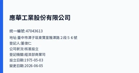 應華工業股份有限公司的照片-統編 47043613(臺中市) 公司登記資料與營業項目詳細圖表