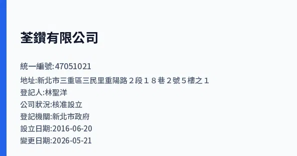 荃鑽有限公司的照片-統編 47051021(新北市) 公司登記資料與營業項目詳細圖表