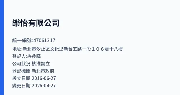 樂怡有限公司的照片-統編 47061317(新北市) 公司登記資料與營業項目詳細圖表