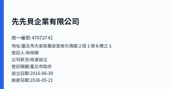 先先貝企業有限公司的照片-統編 47072742(臺北市) 公司登記資料與營業項目詳細圖表