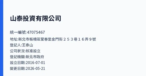 山泰投資有限公司的照片-統編 47075467(新北市) 公司登記資料與營業項目詳細圖表