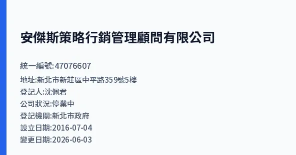 安傑斯策略行銷管理顧問有限公司的照片-統編 47076607(新北市) 公司登記資料與營業項目詳細圖表