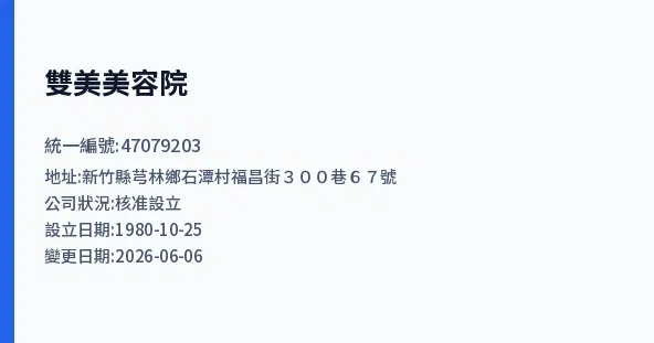 雙美美容院的照片-統編 47079203(新竹縣) 公司登記資料與營業項目詳細圖表