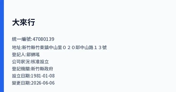 大來行的照片-統編 47080139(新竹縣) 公司登記資料與營業項目詳細圖表