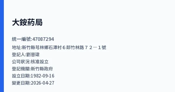 大銨葯局的照片-統編 47087294(新竹縣) 公司登記資料與營業項目詳細圖表