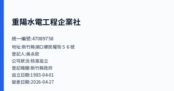 重陽水電工程企業社的照片-統編 47089758(新竹縣) 公司登記資料與營業項目詳細圖表