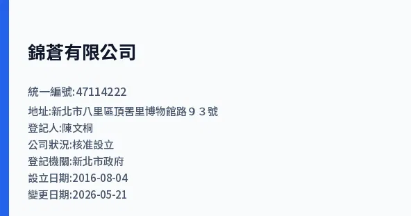 錦蒼有限公司的照片-統編 47114222(新北市) 公司登記資料與營業項目詳細圖表