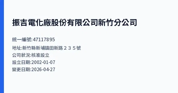 振吉電化廠股份有限公司新竹分公司的照片-統編 47117895(新竹縣) 公司登記資料與營業項目詳細圖表
