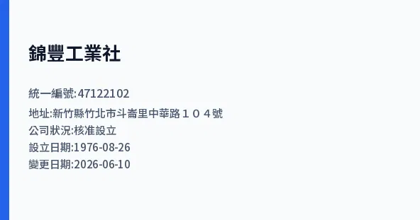 錦豐工業社的照片-統編 47122102(新竹縣) 公司登記資料與營業項目詳細圖表