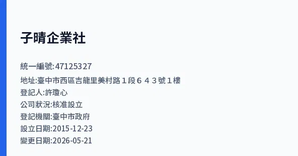 子晴企業社的照片-統編 47125327(臺中市) 公司登記資料與營業項目詳細圖表