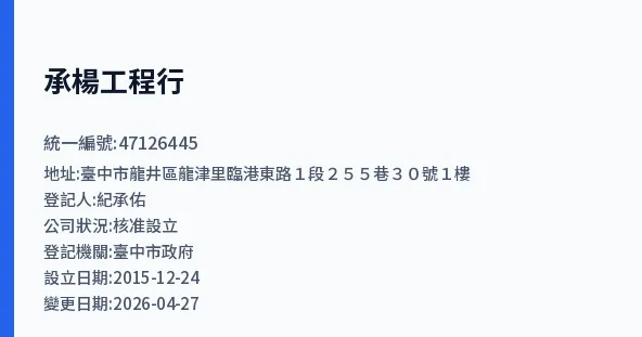 承楊工程行的照片-統編 47126445(臺中市) 公司登記資料與營業項目詳細圖表