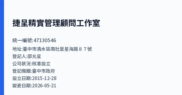 捷呈精實管理顧問工作室的照片-統編 47130546(臺中市) 公司登記資料與營業項目詳細圖表