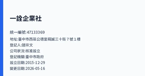 一詮企業社的照片-統編 47133369(臺中市) 公司登記資料與營業項目詳細圖表