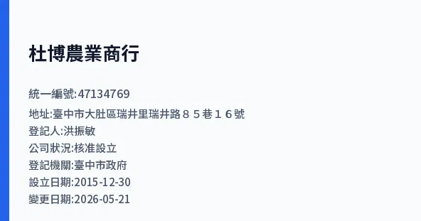 杜博農業商行的照片-統編 47134769(臺中市) 公司登記資料與營業項目詳細圖表