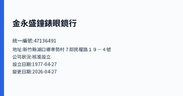 金永盛鐘錶眼鏡行的照片-統編 47136491(新竹縣) 公司登記資料與營業項目詳細圖表