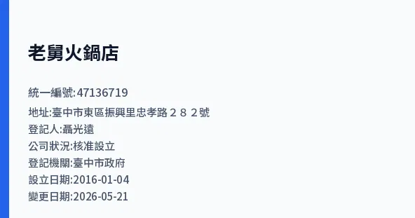 老舅火鍋店的照片-統編 47136719(臺中市) 公司登記資料與營業項目詳細圖表