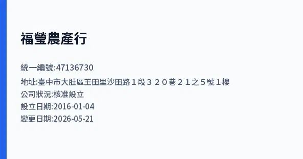 福瑩農產行的照片-統編 47136730(臺中市) 公司登記資料與營業項目詳細圖表