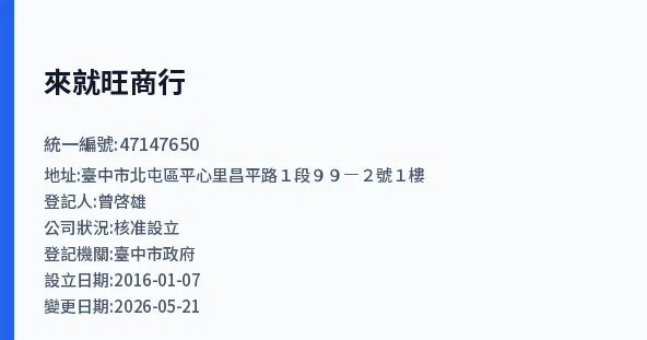 來就旺商行的照片-統編 47147650(臺中市) 公司登記資料與營業項目詳細圖表