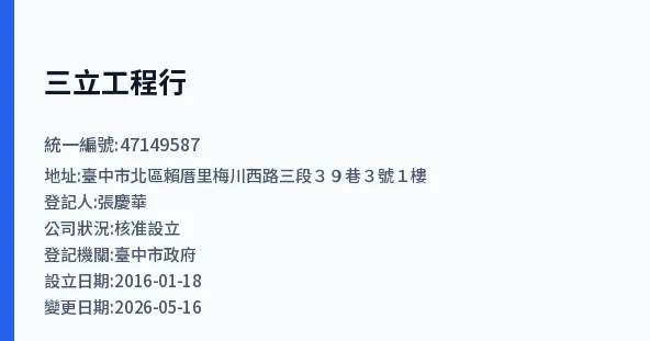 三立工程行的照片-統編 47149587(臺中市) 公司登記資料與營業項目詳細圖表
