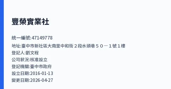 豐榮實業社的照片-統編 47149778(臺中市) 公司登記資料與營業項目詳細圖表