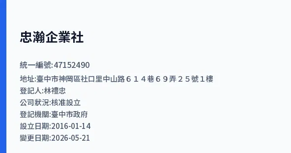 忠瀚企業社的照片-統編 47152490(臺中市) 公司登記資料與營業項目詳細圖表