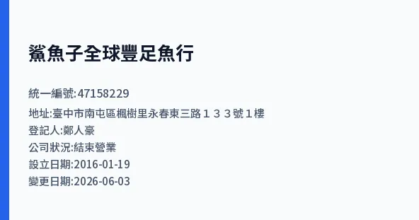 鯊魚子全球豐足魚行的照片-統編 47158229(臺中市) 公司登記資料與營業項目詳細圖表