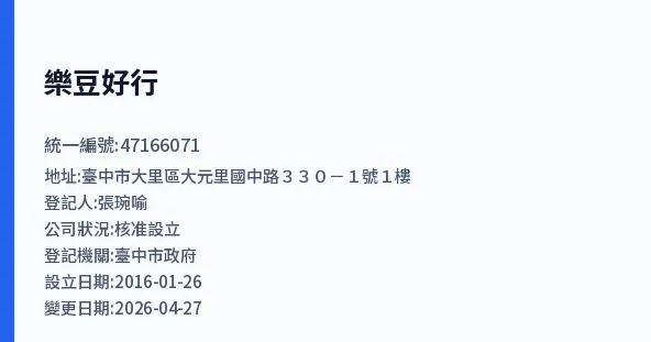 樂豆好行的照片-統編 47166071(臺中市) 公司登記資料與營業項目詳細圖表