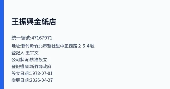 王振興金紙店的照片-統編 47167971(新竹縣) 公司登記資料與營業項目詳細圖表