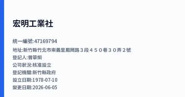 宏明工業社的照片-統編 47169794(新竹縣) 公司登記資料與營業項目詳細圖表