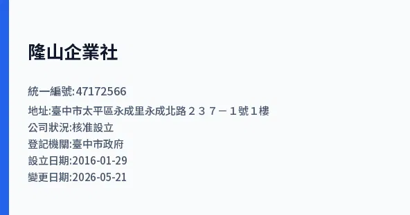 隆山企業社的照片-統編 47172566(臺中市) 公司登記資料與營業項目詳細圖表