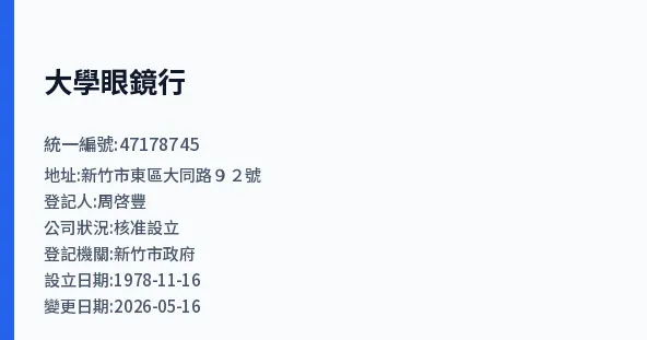 大學眼鏡行的照片-統編 47178745(新竹市) 公司登記資料與營業項目詳細圖表