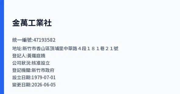 金萬工業社的照片-統編 47193582(新竹市) 公司登記資料與營業項目詳細圖表