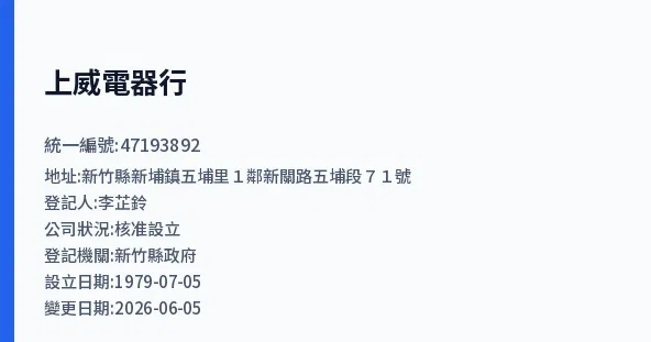 上威電器行的照片-統編 47193892(新竹縣) 公司登記資料與營業項目詳細圖表